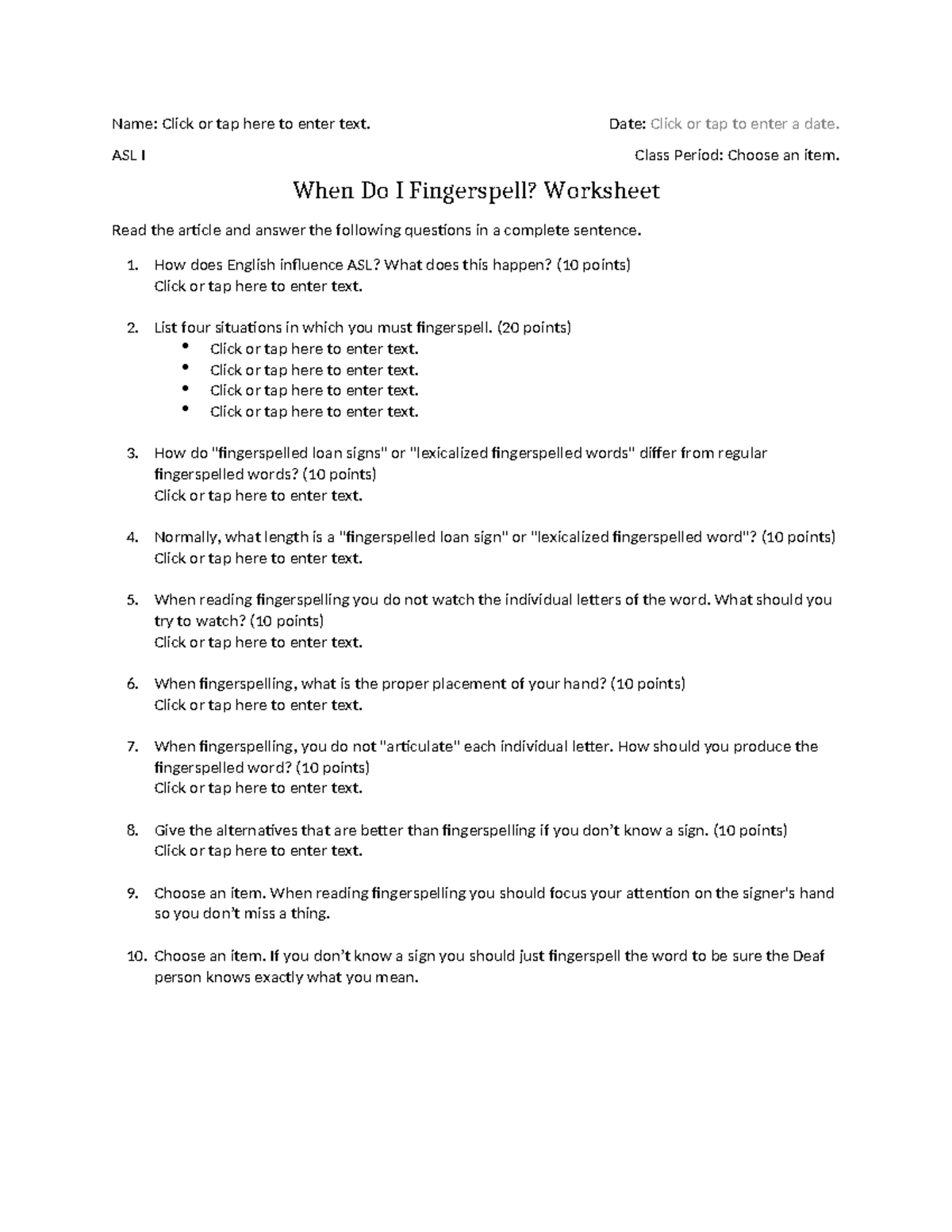 ASL I Worksheet: When Do I Fingerspell? Questions & Answers - Studocu