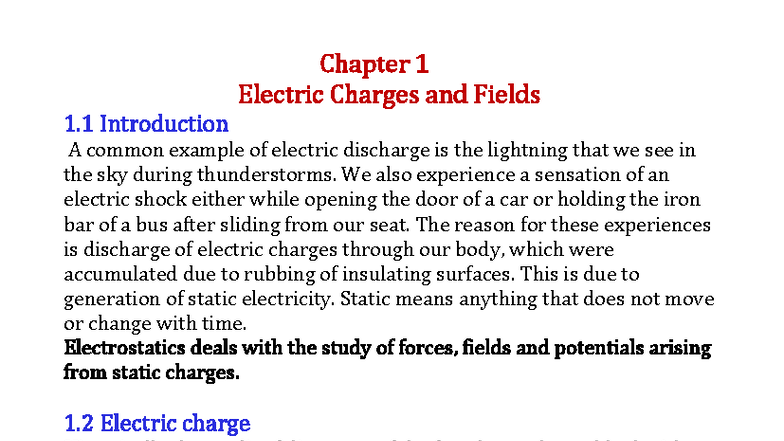 Chapter 1: Electric Charges and Fields - HSST Physics Notes - Studocu