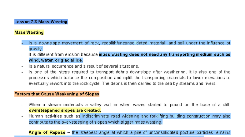 Q2 Earth Science Notes: Lesson 7.3 Mass Wasting and Sedimentation - Studocu