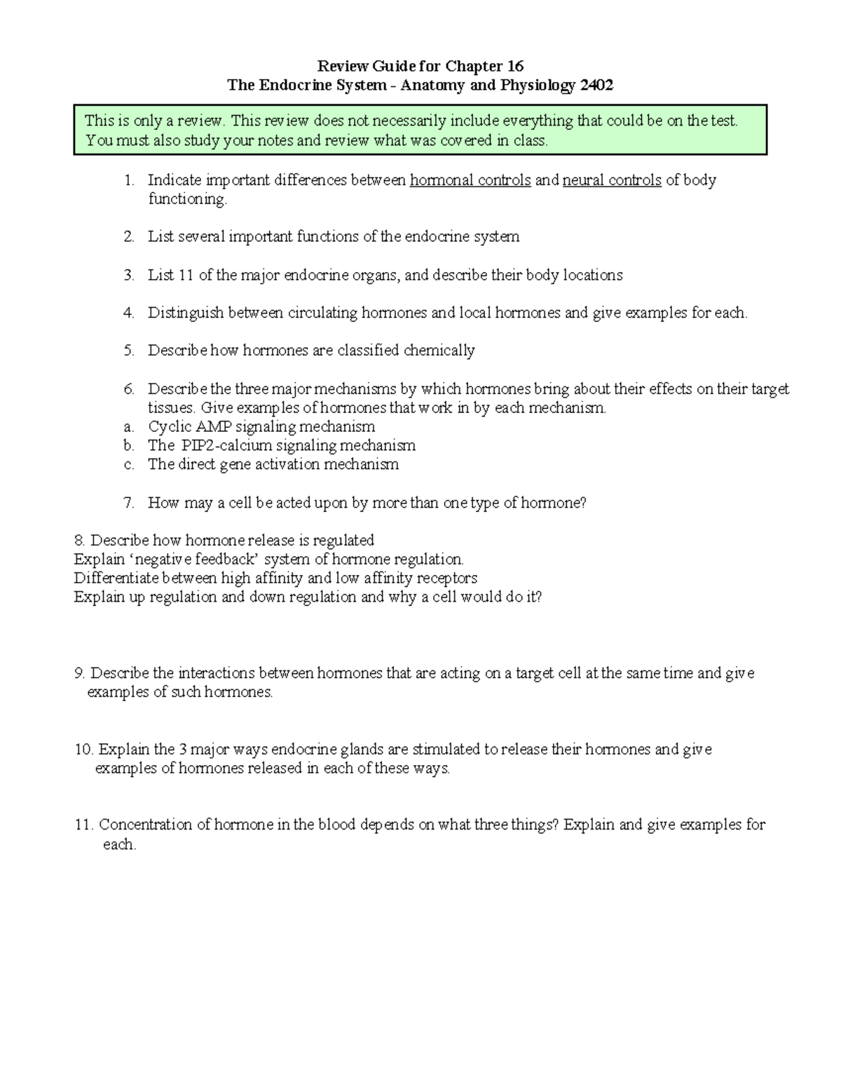 Chapter 16 Review Guide: Endocrine System Anatomy & Physiology 2402 ...