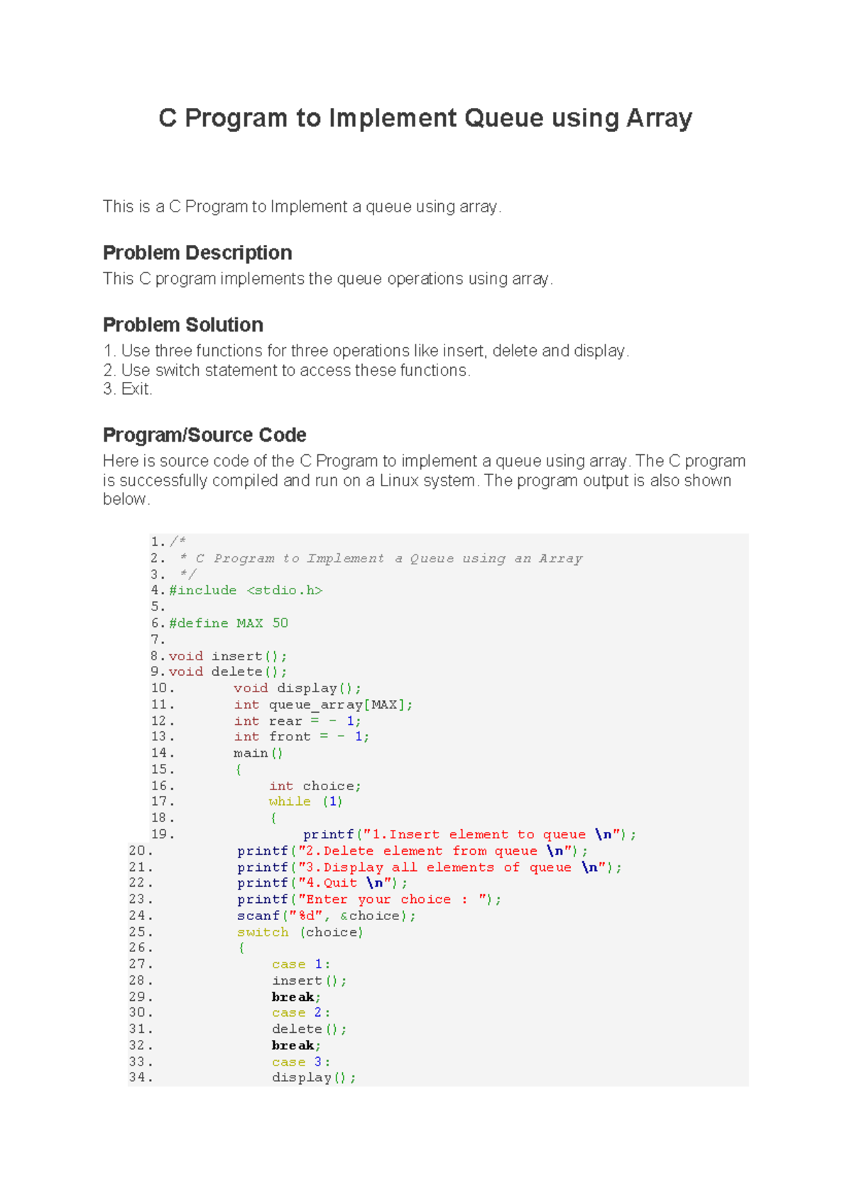 C Program: Queue Implementation via Array in C Programming - Studocu