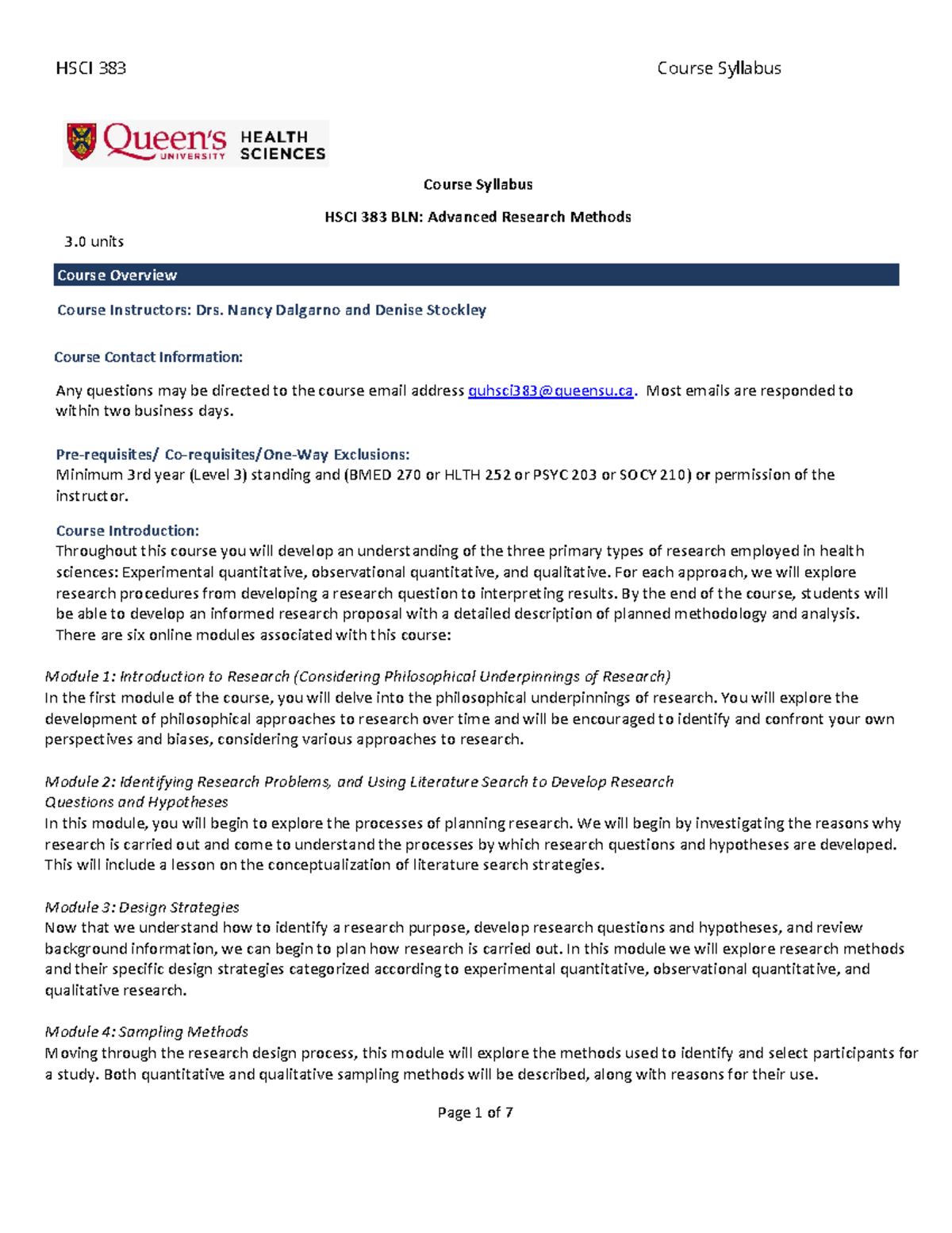 HSCI 383 BLN: Advanced Research Methods Course Syllabus F25 - Studocu