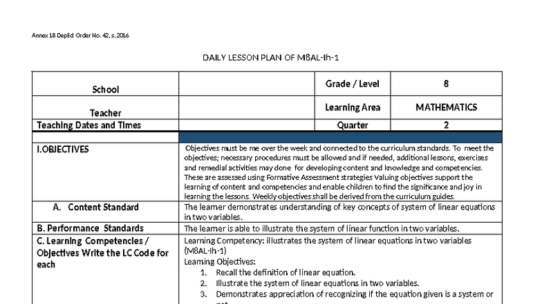 MATH8 DLL WEEK 8: Daily Lesson Plan on Linear Equations - Studocu