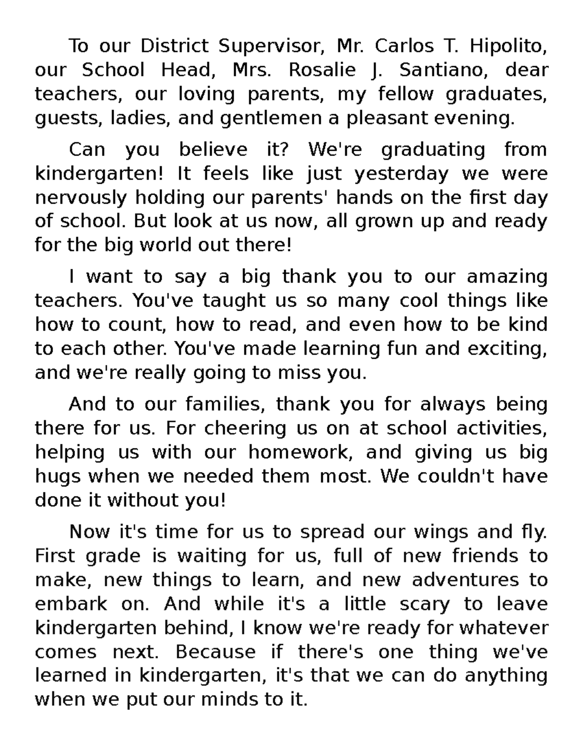 Moving Up Speech for Kindergarten Graduation 2024 - Studocu
