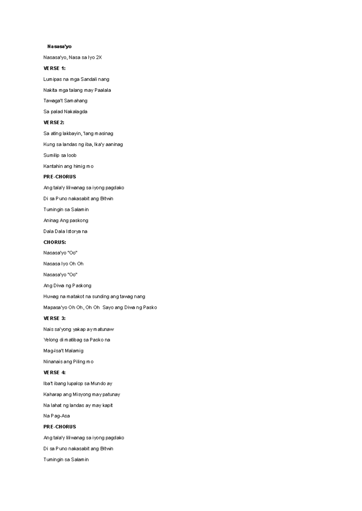 Nasasa Iyo - Initial Lyrics Analysis for Music Class - Studocu
