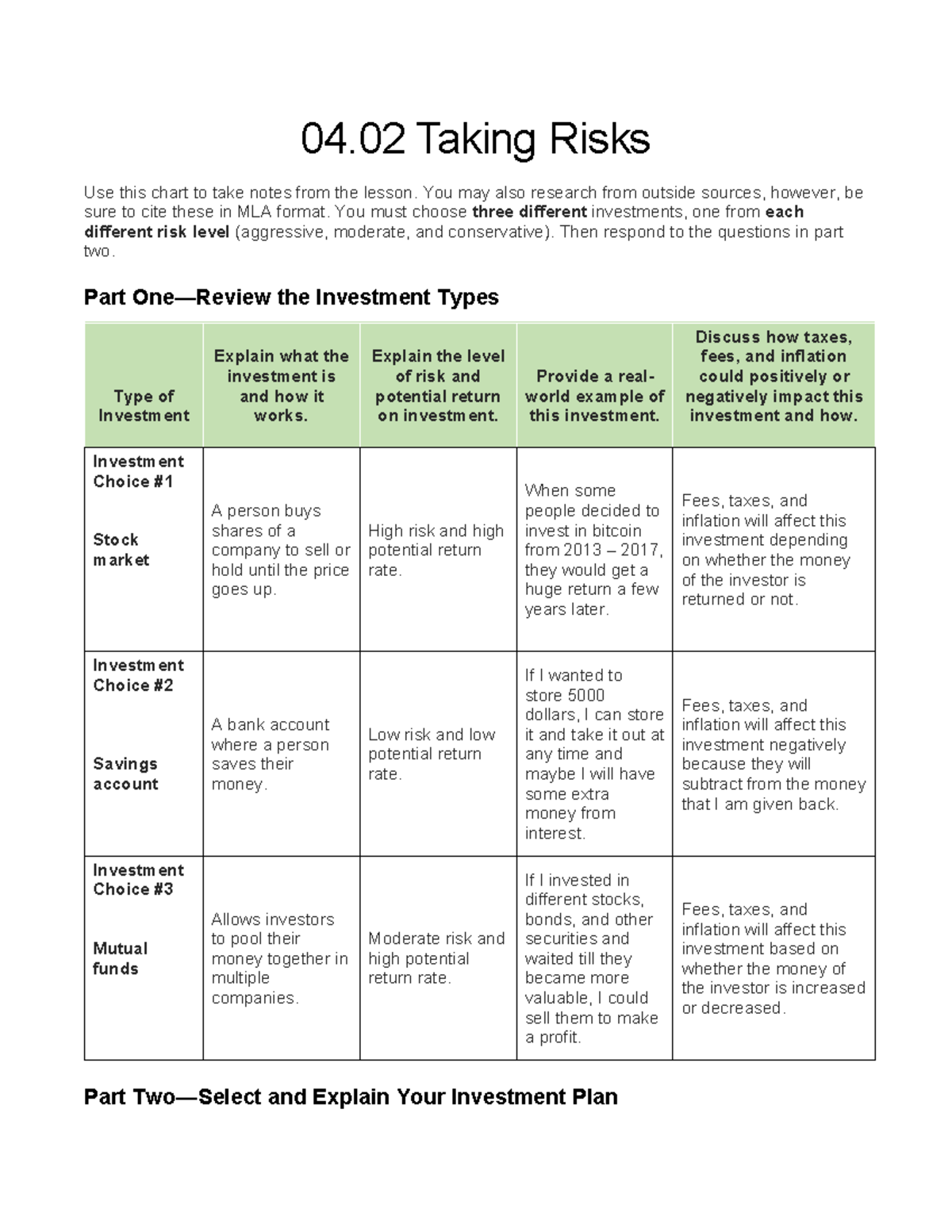 04.02 Taking Risks: Investment Analysis Worksheet and Plan - Studocu