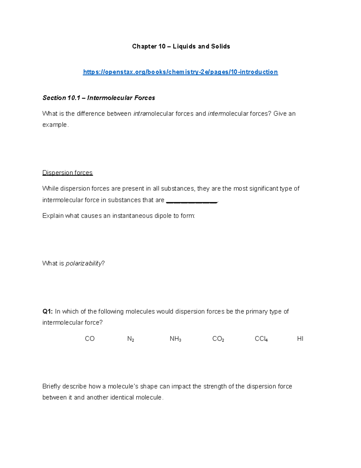 Chapter 10 Guided Notes: Intermolecular Forces & Phase Transitions ...