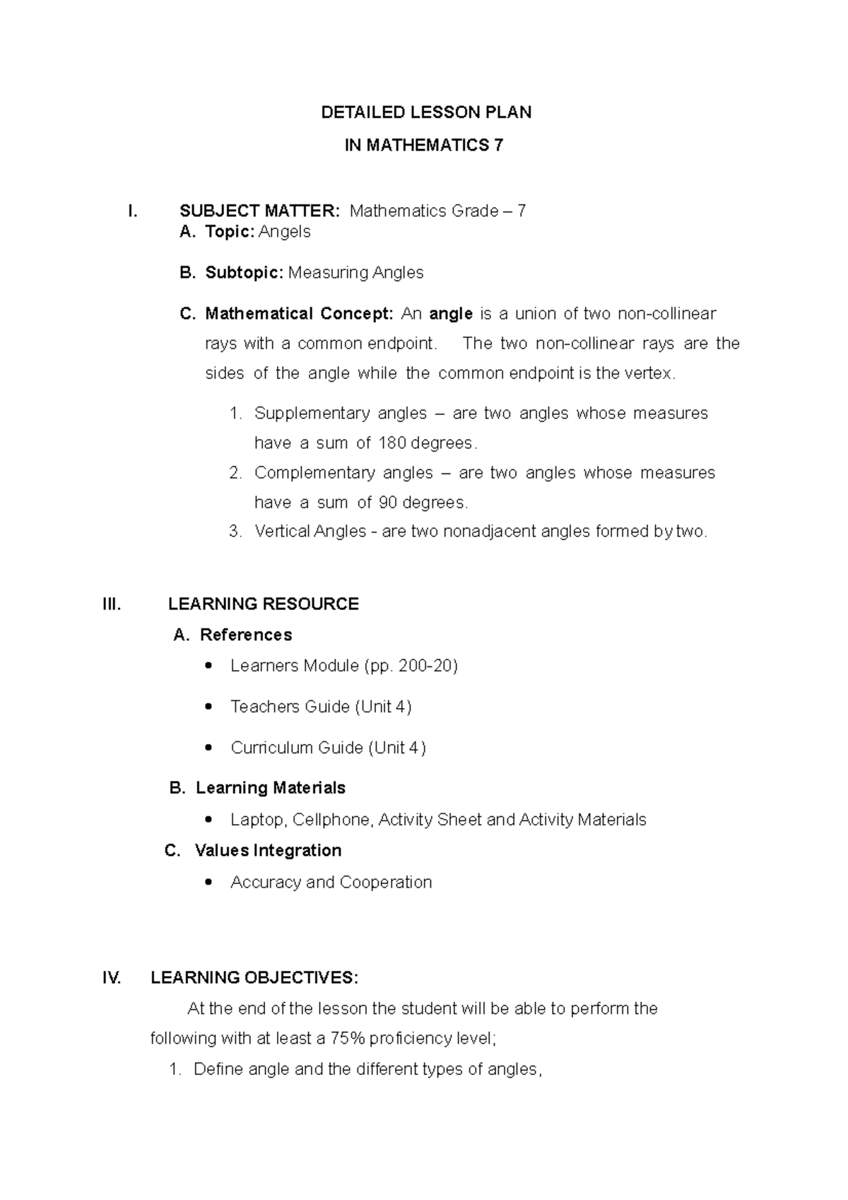 LP Angels - Detailed Lesson Plan for Mathematics 7 on Angles - Studocu