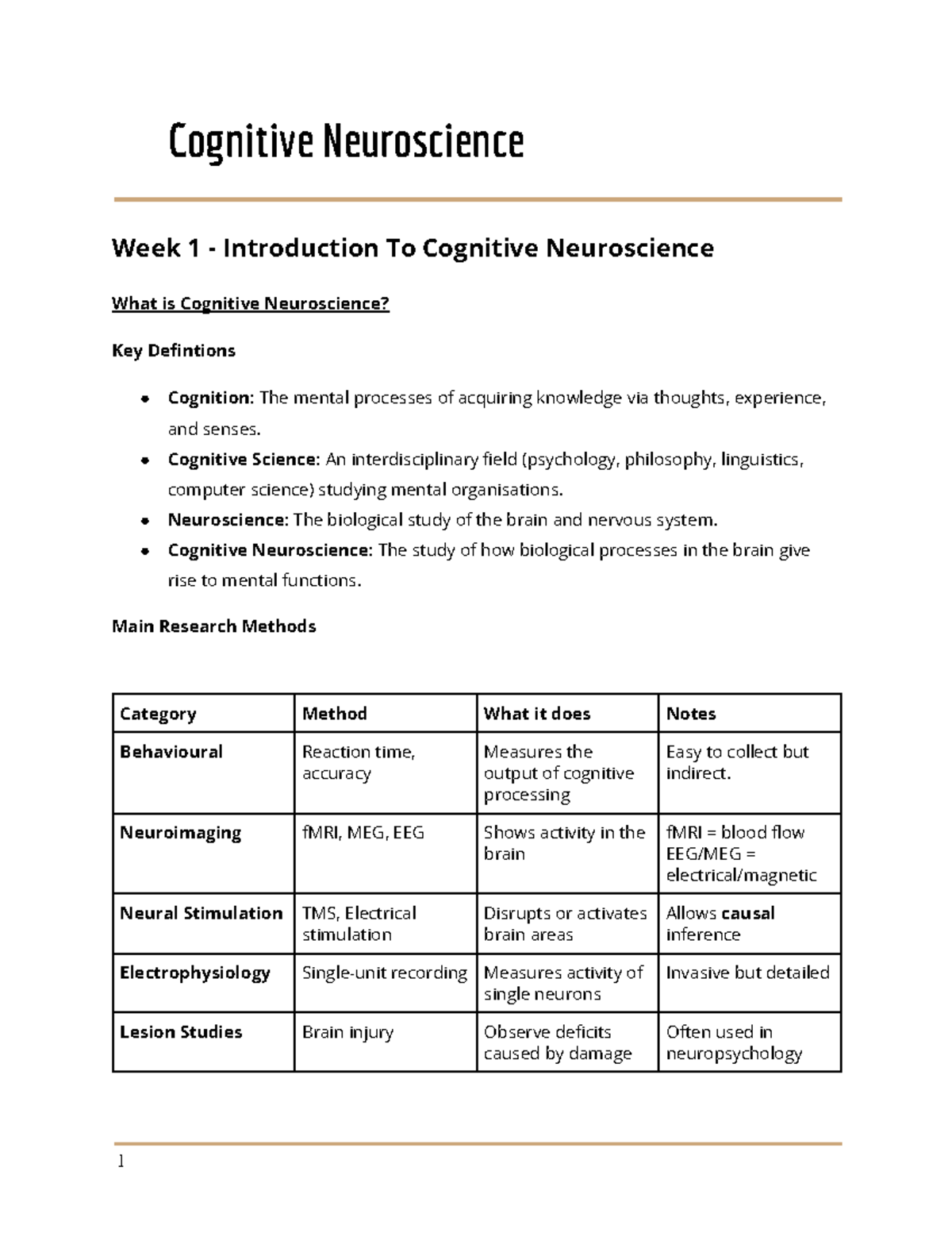 Cognitive Neuroscience 101: Week 1 Class Notes & Key Concepts - Studocu