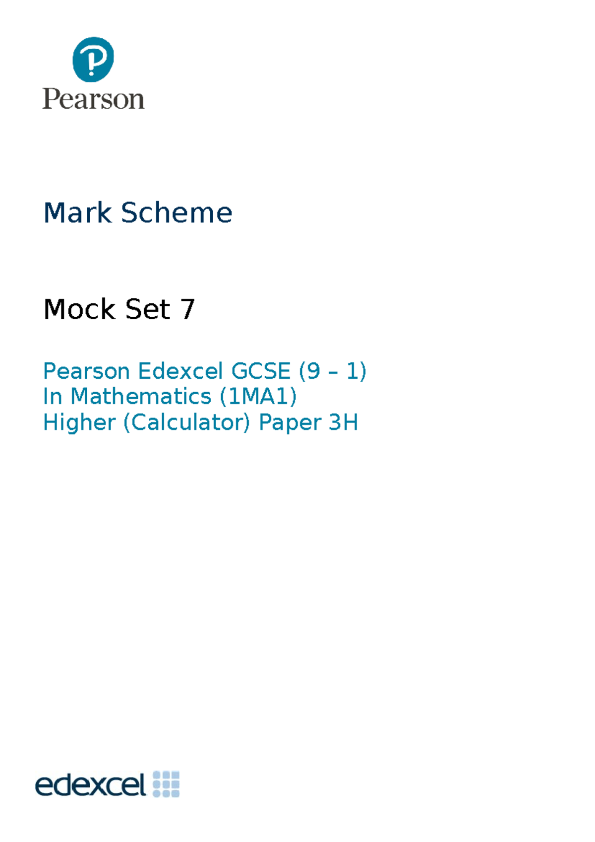 Mark Scheme for Mock Set 7 - GCSE Mathematics (1MA1/3H) - Studocu