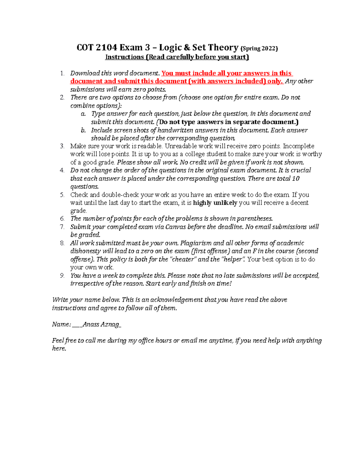 Final Exam COT 2104 - Logic & Set Theory Spring 2022 Instructions and ...