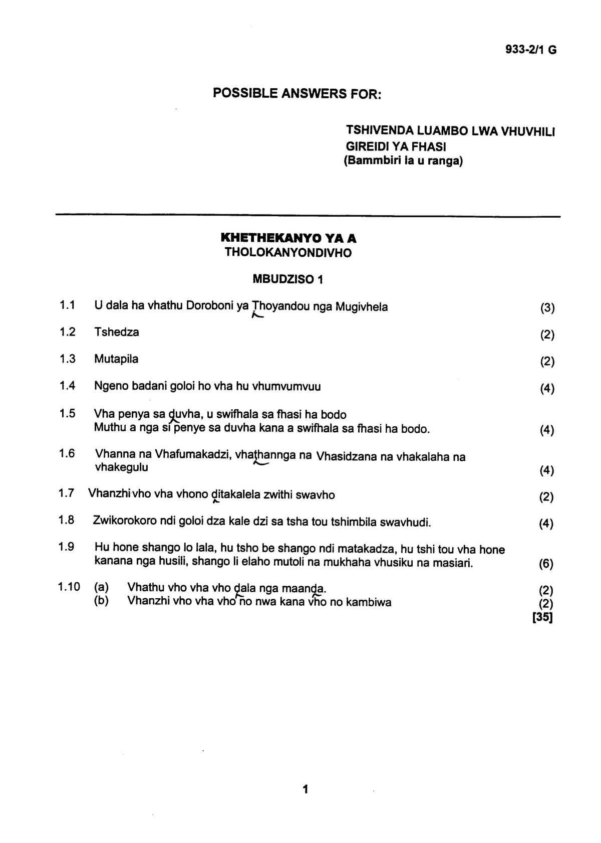 Tshivenda Home Language Grade 12: Prep Paper 1 Possible Answers - Studocu