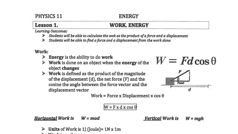 PHYSICS 11 ENERGY Lesson Overview: Work, Potential, and Kinetic Energy ...