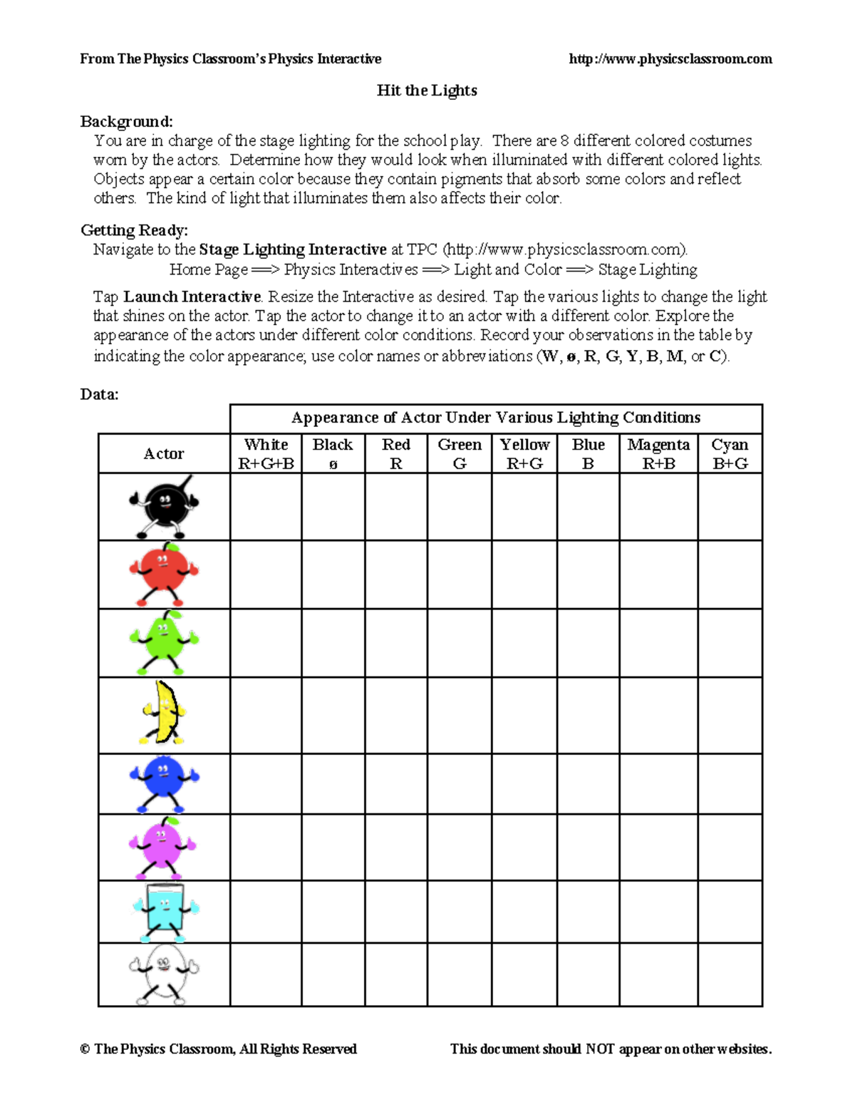 PHYS 101: Hit The Lights - Activity Sheet & Color Observation Practice ...