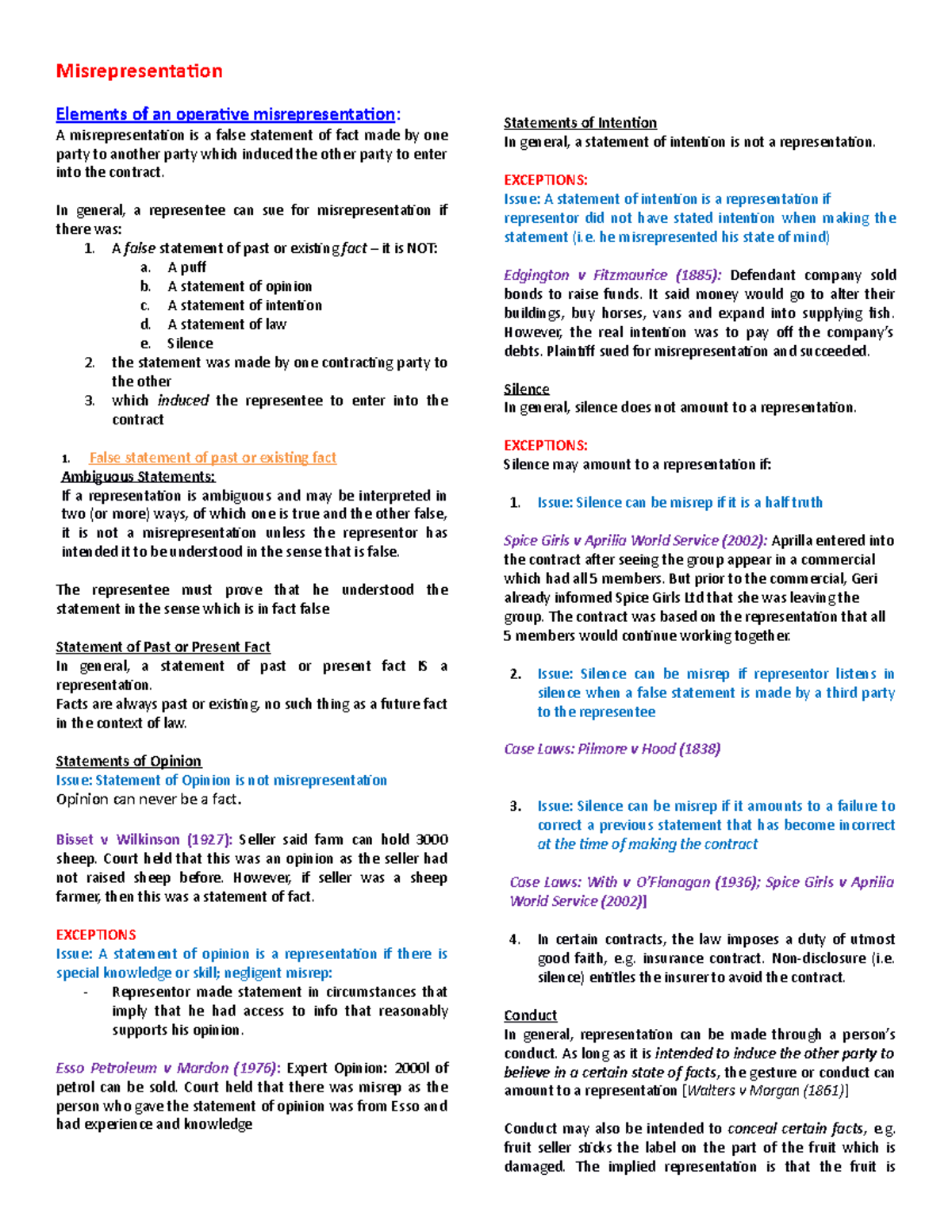 Chapter 13 - Key Elements and Types of Misrepresentation in Law - Studocu