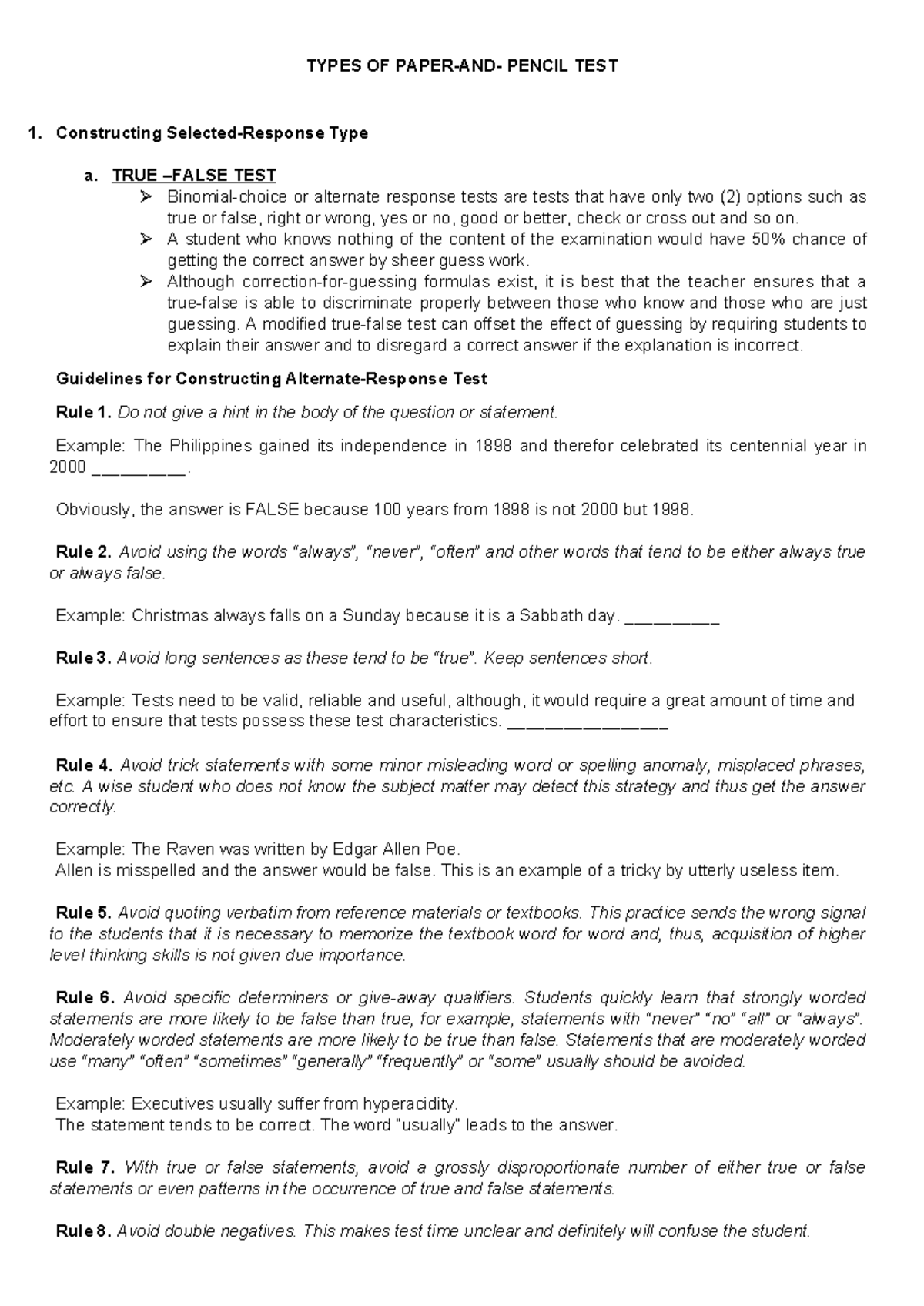 Types of Paper and Pencil Tests II: Guidelines for Effective Assessment ...