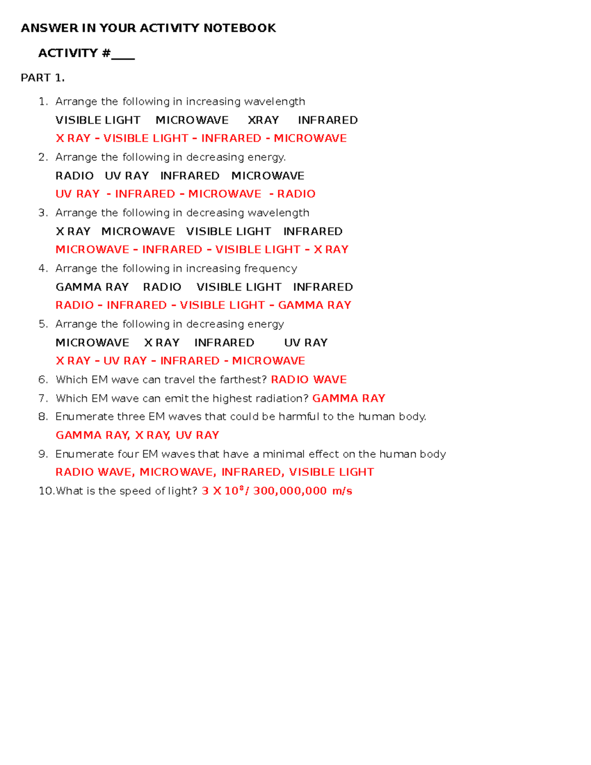 EM Spectrum Activity - ANSWER IN YOUR ACTIVITY NOTEBOOK ACTIVITY ...