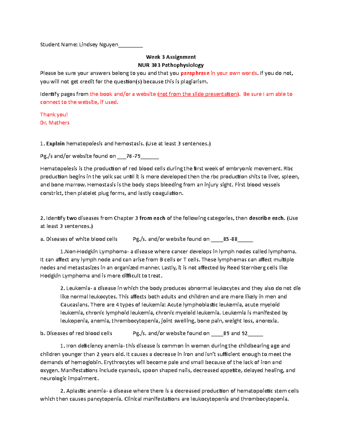 Chapter 3, 11 Assignment Pathophysiology - Student Name: Lindsey Nguyen ...