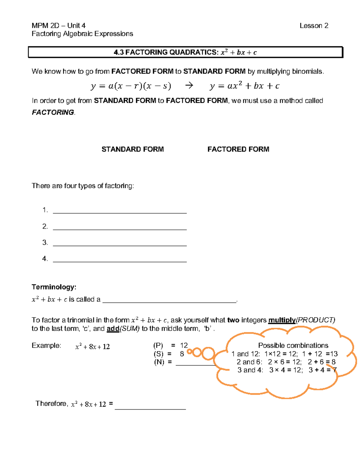 MPM 2D Unit 4 Lesson 2: Factoring Simple Trinomials - Studocu