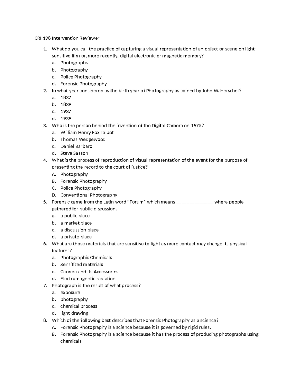 CRI 198 Forensic Photography Intervention Reviewer - Studocu