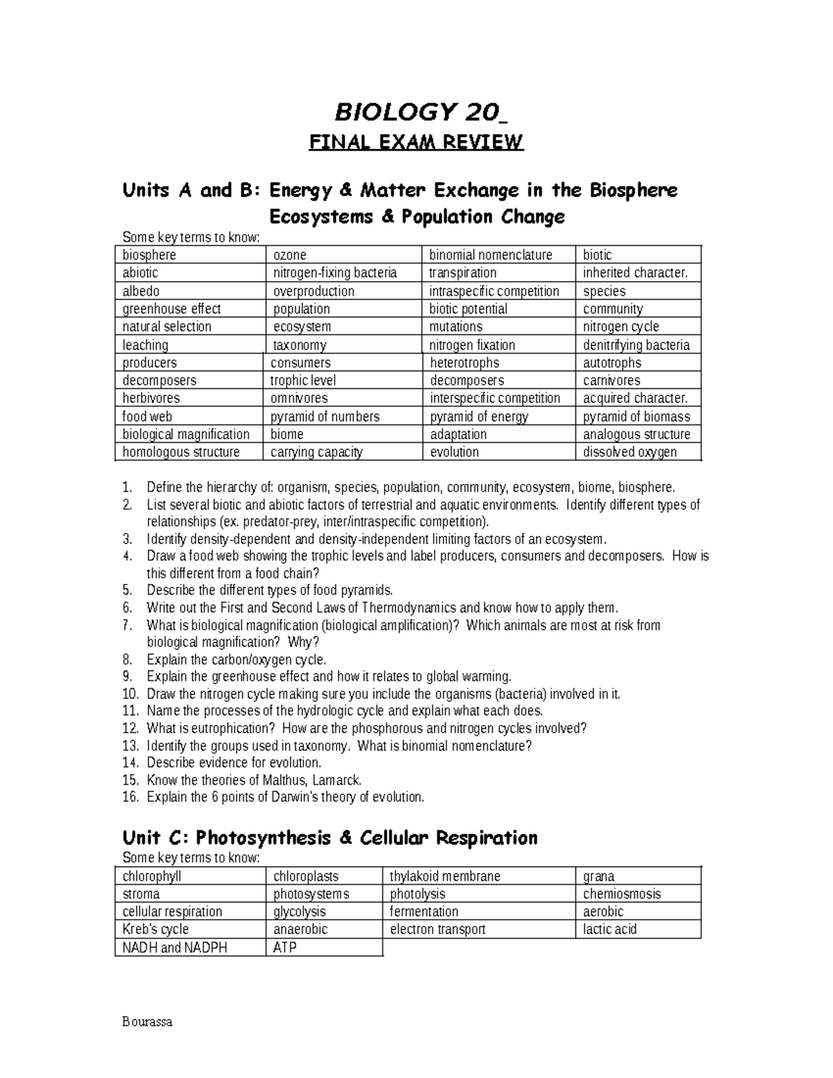 Final Exam Review - Biology 20 Notes on Ecosystems & Energy - Studocu