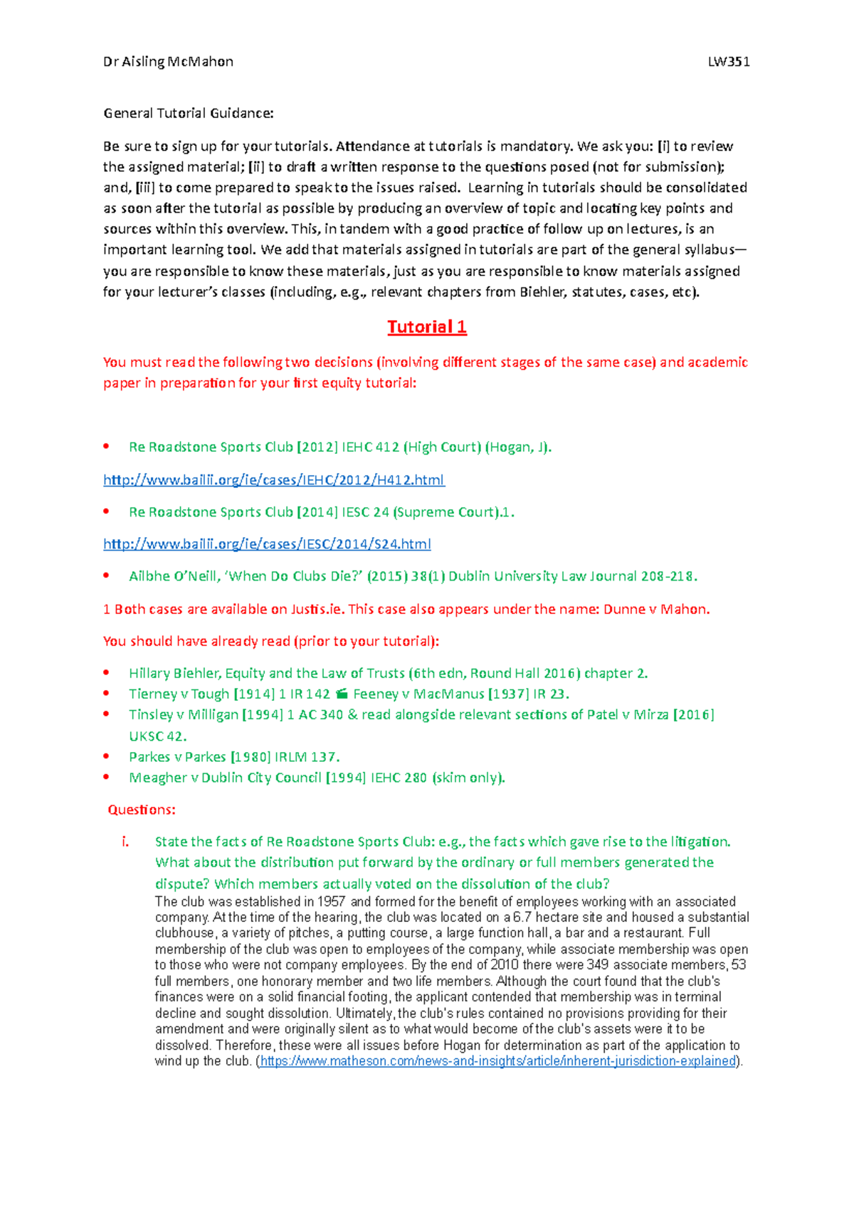 Tutorial 1 'Maxims of Equity' - Dr Aisling McMahon LW General Tutorial ...