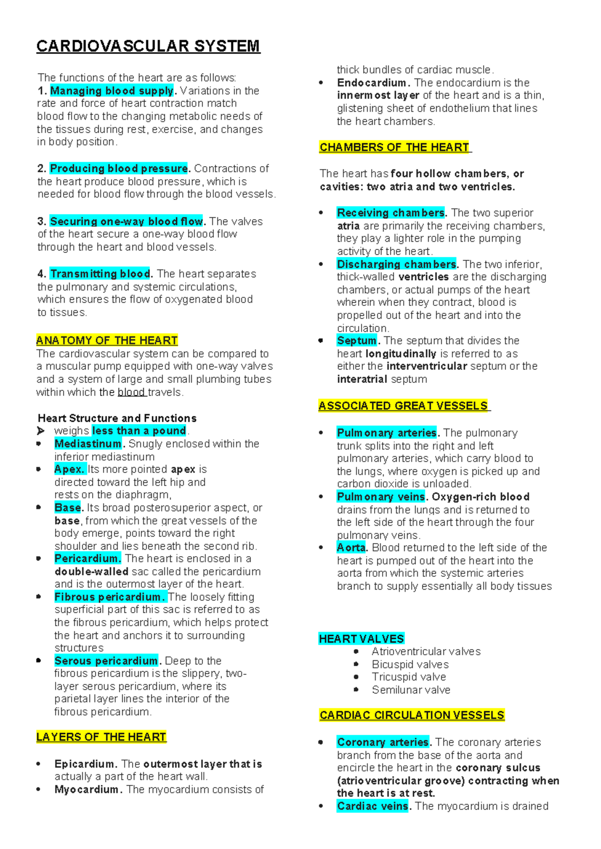 **BIO 101: Lecture Notes on the Cardiovascular System** - Studocu