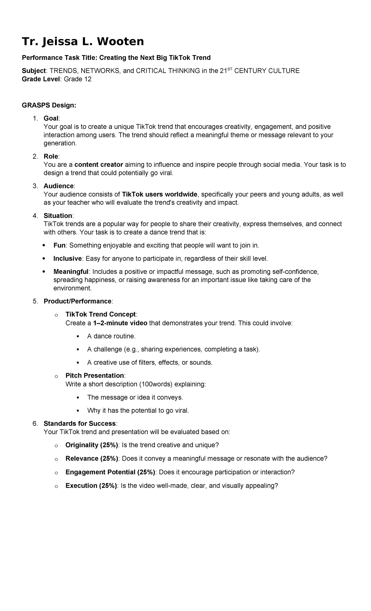 Grasp 12 Tiktok - ppt - Tr. Jeissa L. Wooten Performance Task Title ...