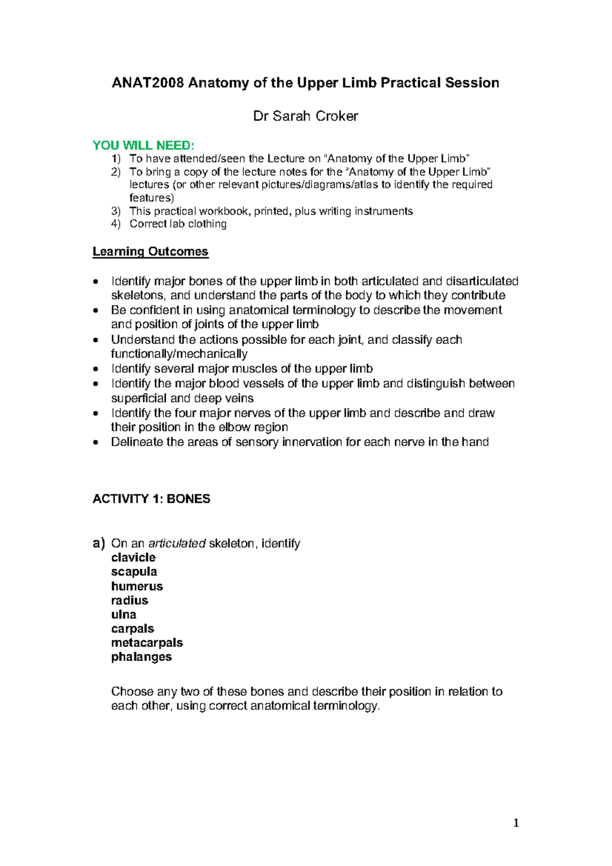ANAT2008 Anatomy of the Upper Limb Practical Session 2025 Guide - Studocu