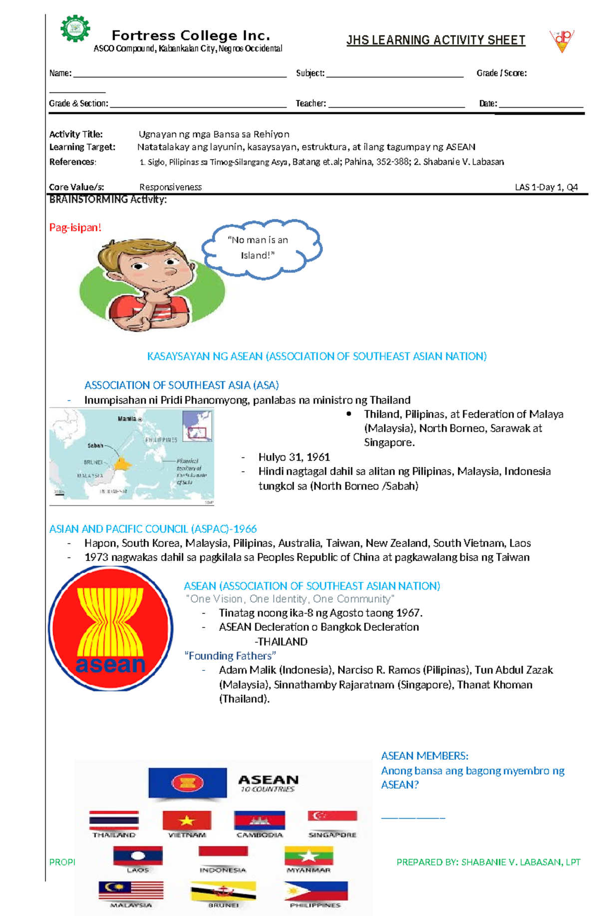 LAS 1 Day 1 Q4 - ASEAN History and Objectives Notes - Studocu