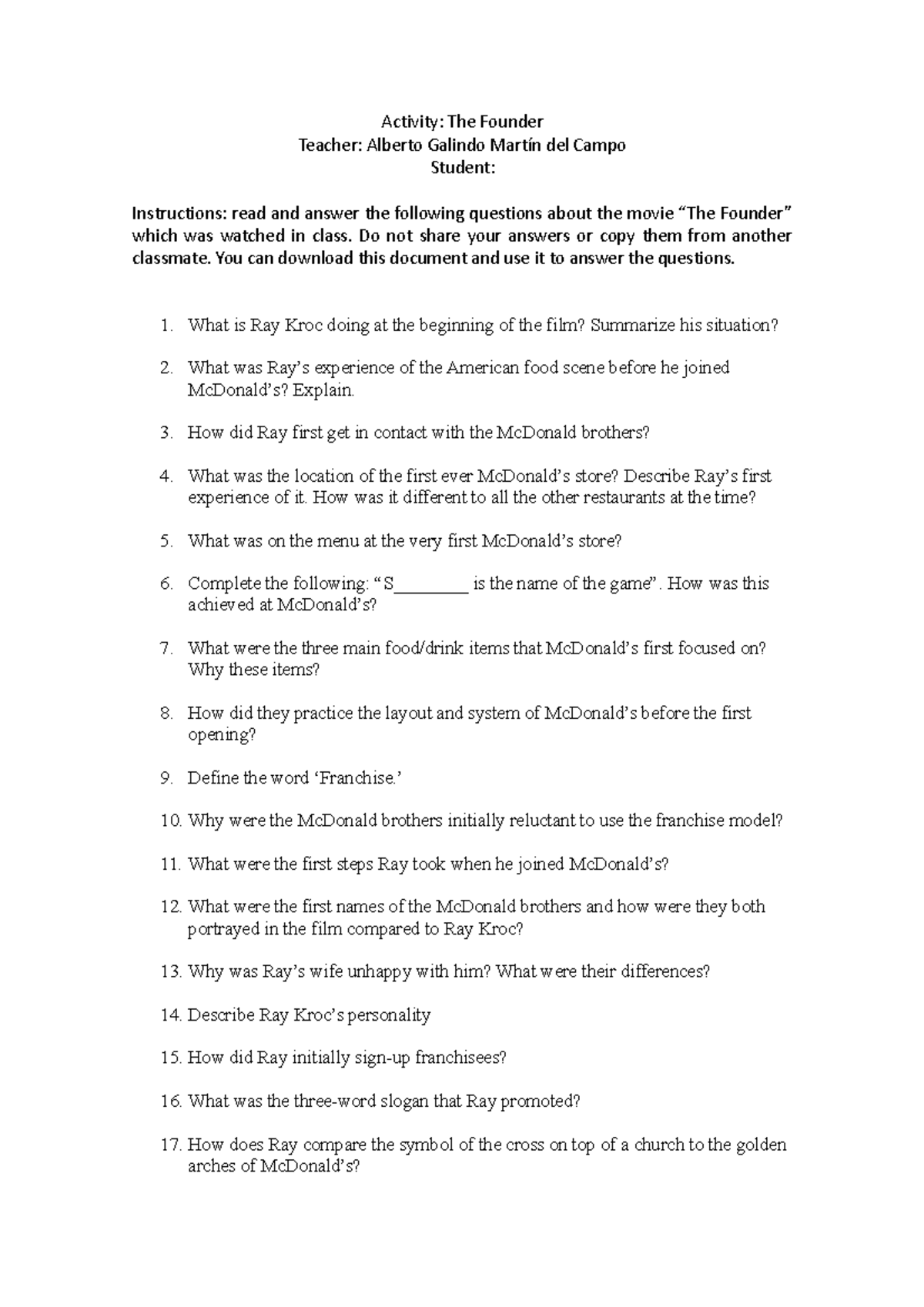 Quiz: Questions on "The Founder" - Movie Analysis for Class - Studocu