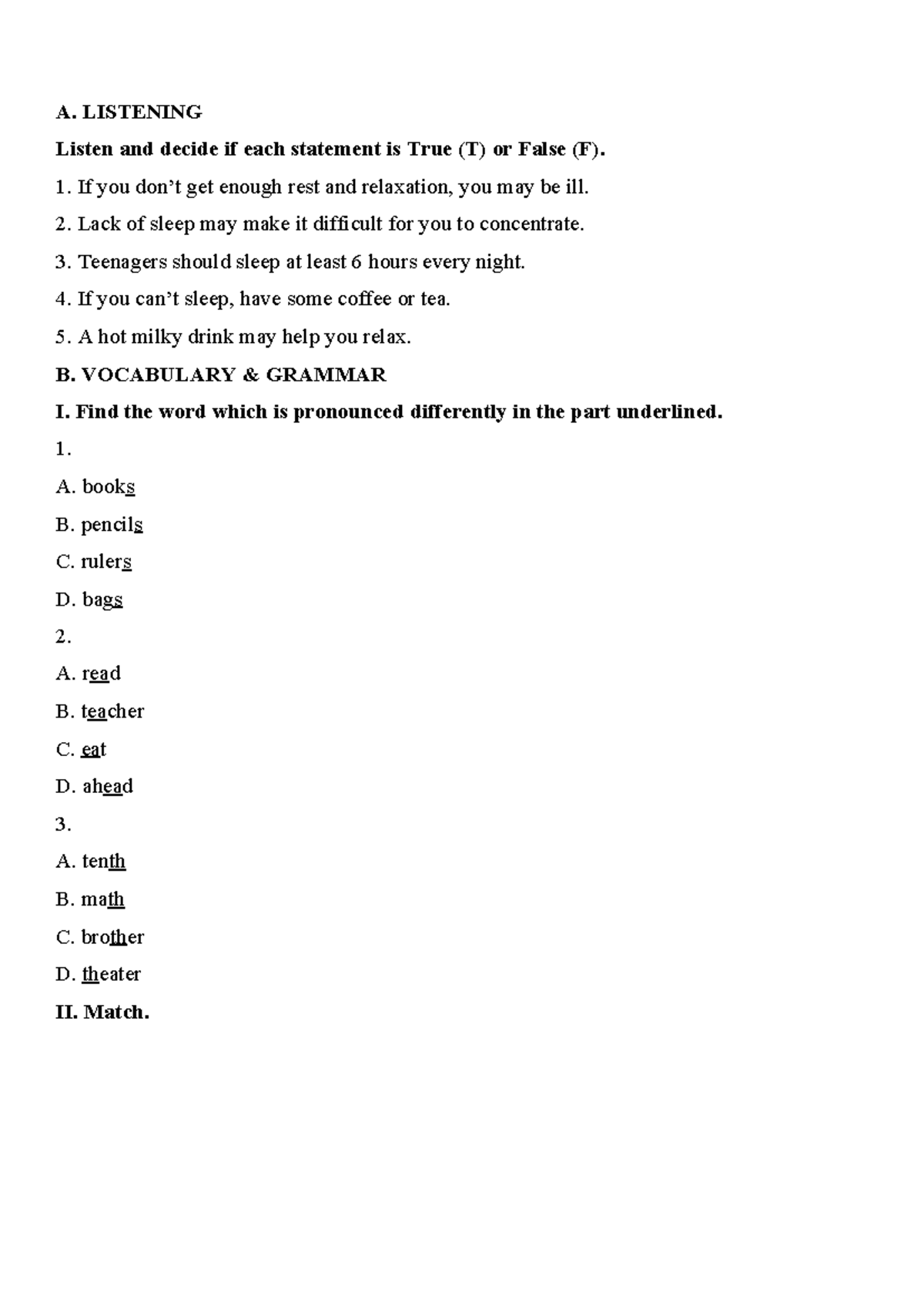 De giua ki 2 l5 - A. LISTENING Listen and decide if each statement is ...