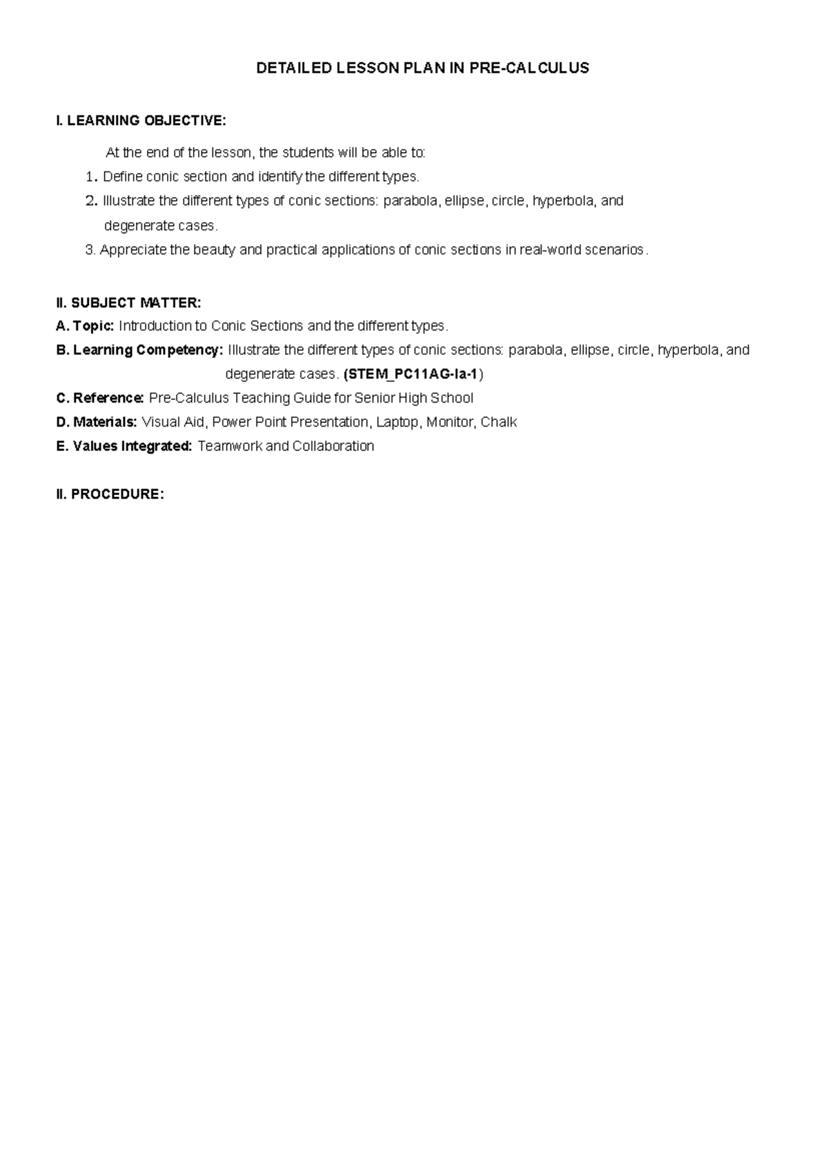 DLP Pre-Calculus Lesson Plan: Introduction to Conic Sections - Studocu