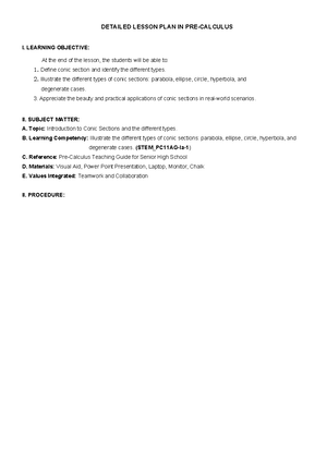 DLP Pre-Calculus (Conic Section) - DETAILED LESSON PLAN IN PRE-CALCULUS ...