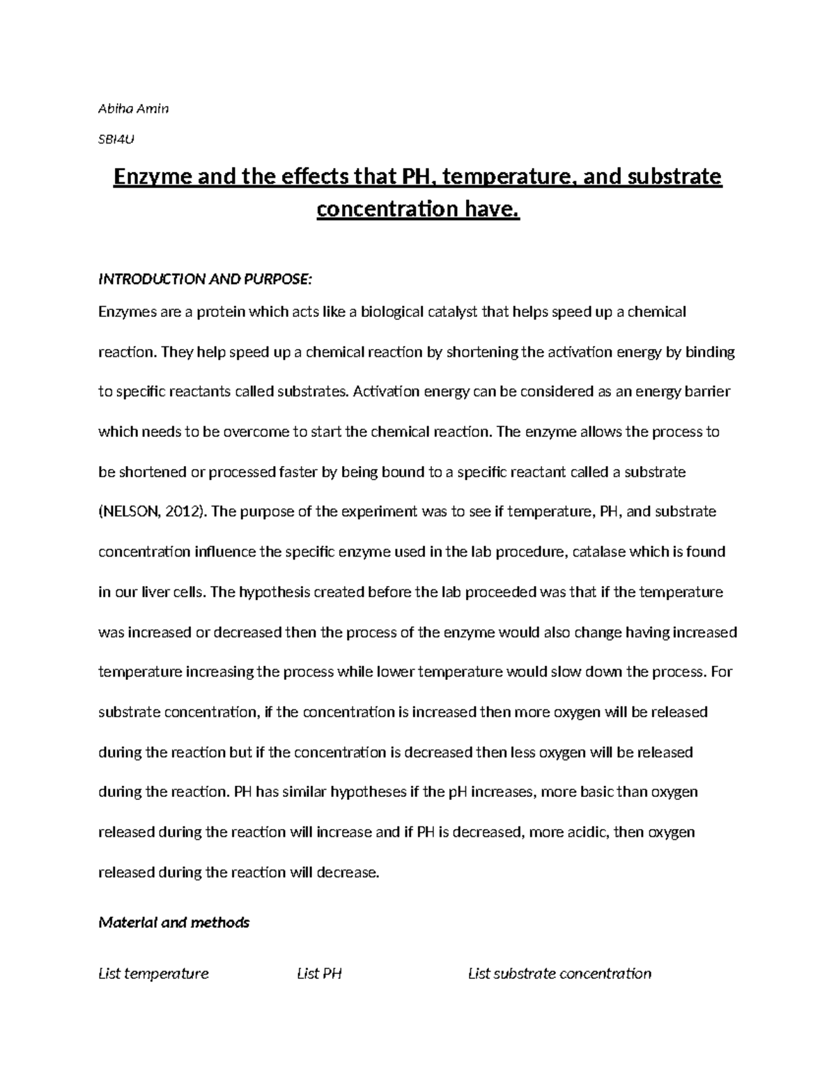 SBI4U Enzyme Lab Report: Effects of pH, Temperature & Substrate ...