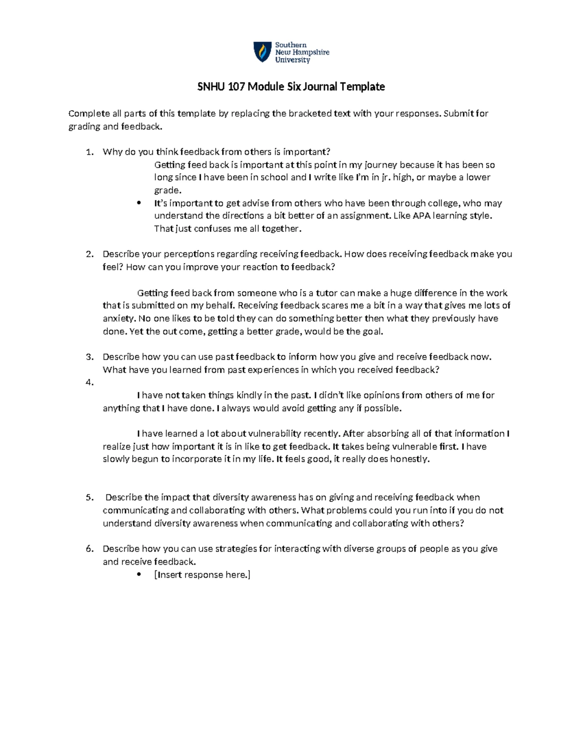 SNHU 107 Module 5 Journal: Personal Mission & Support Resources - Studocu