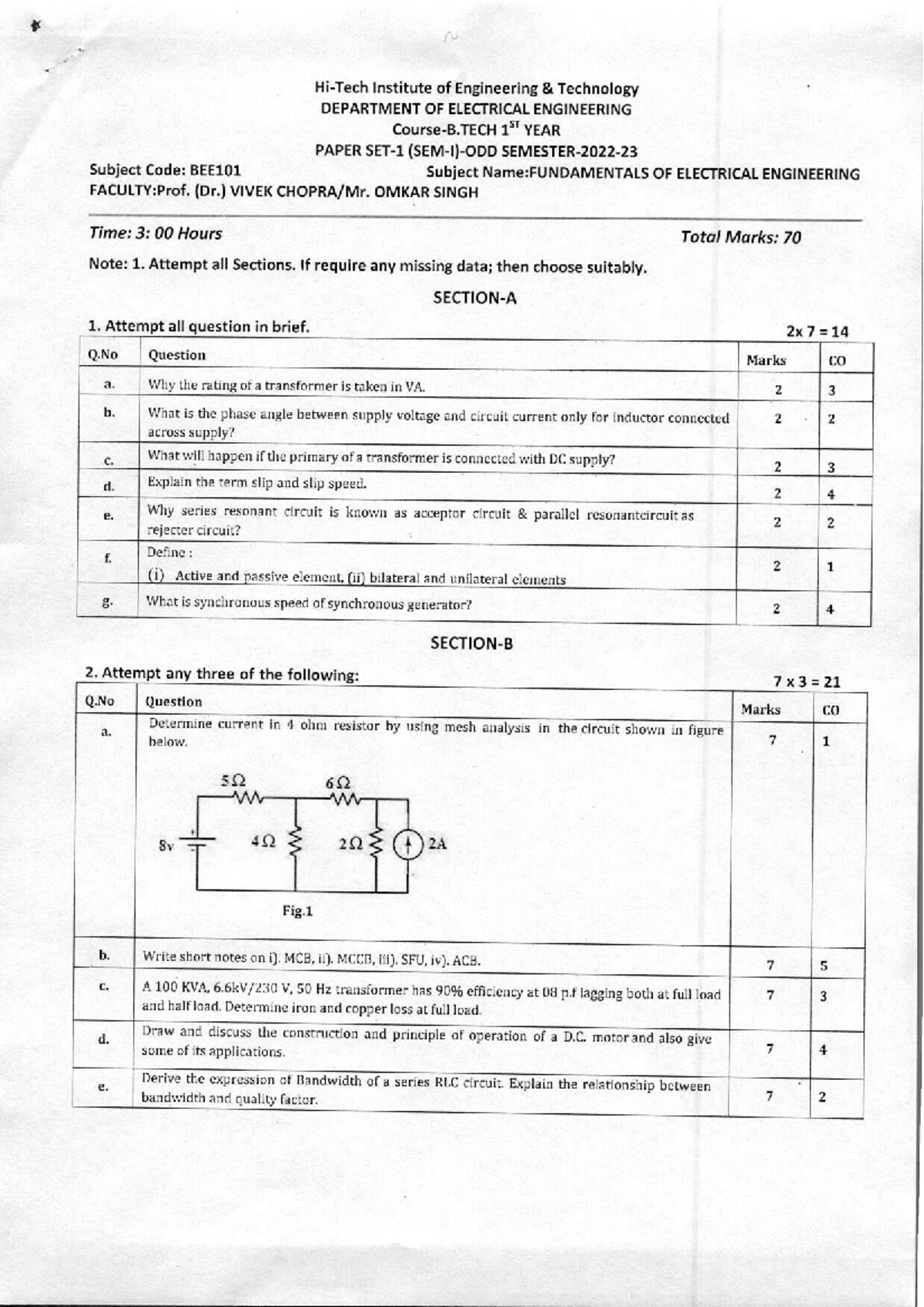 BEE101 Fundamentals of Electrical Engineering Year Paper 1 - Studocu
