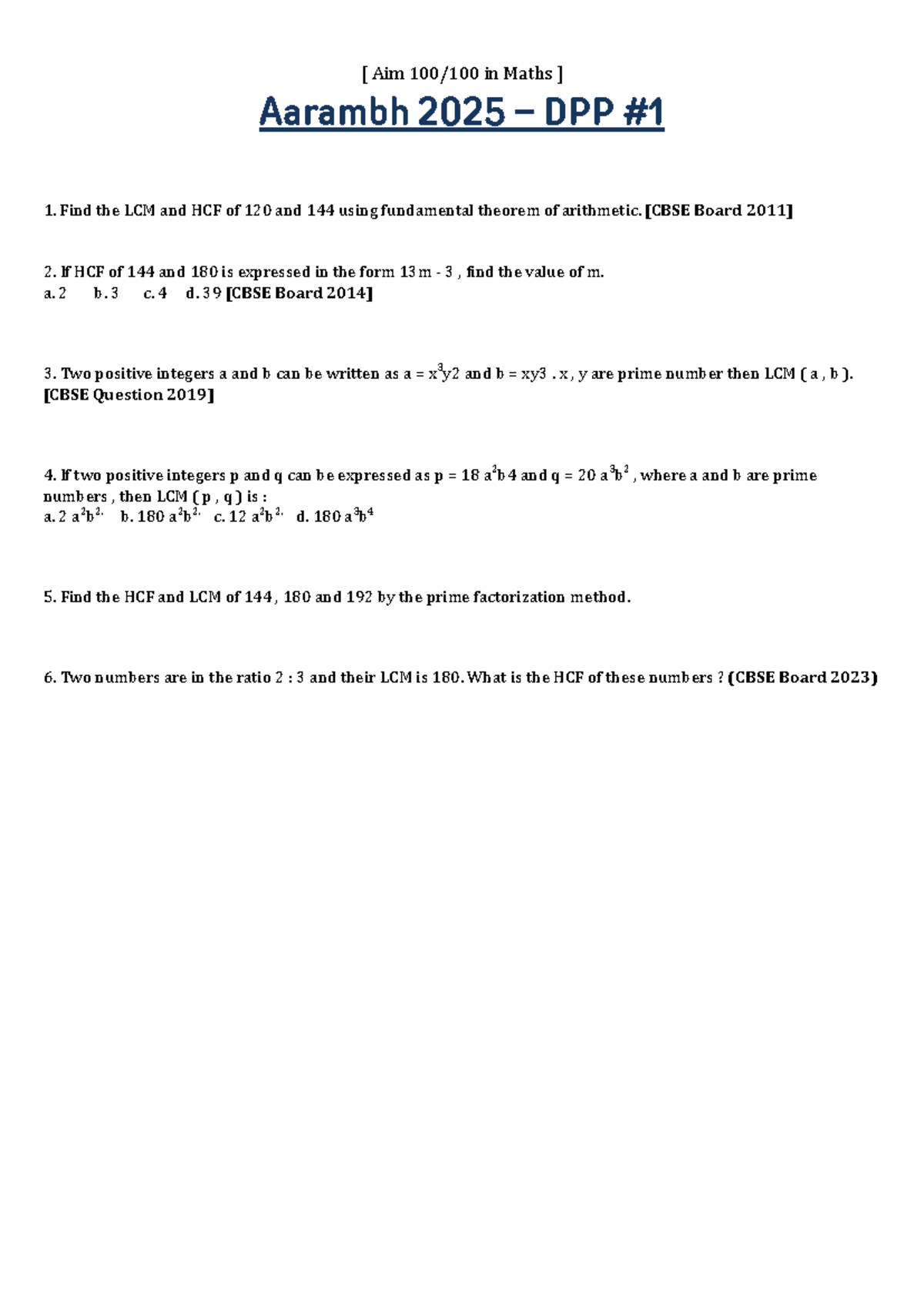Aim in Maths Aarambh 2025 DPP 1: LCM & HCF Problems (CBSE 2023) - Studocu