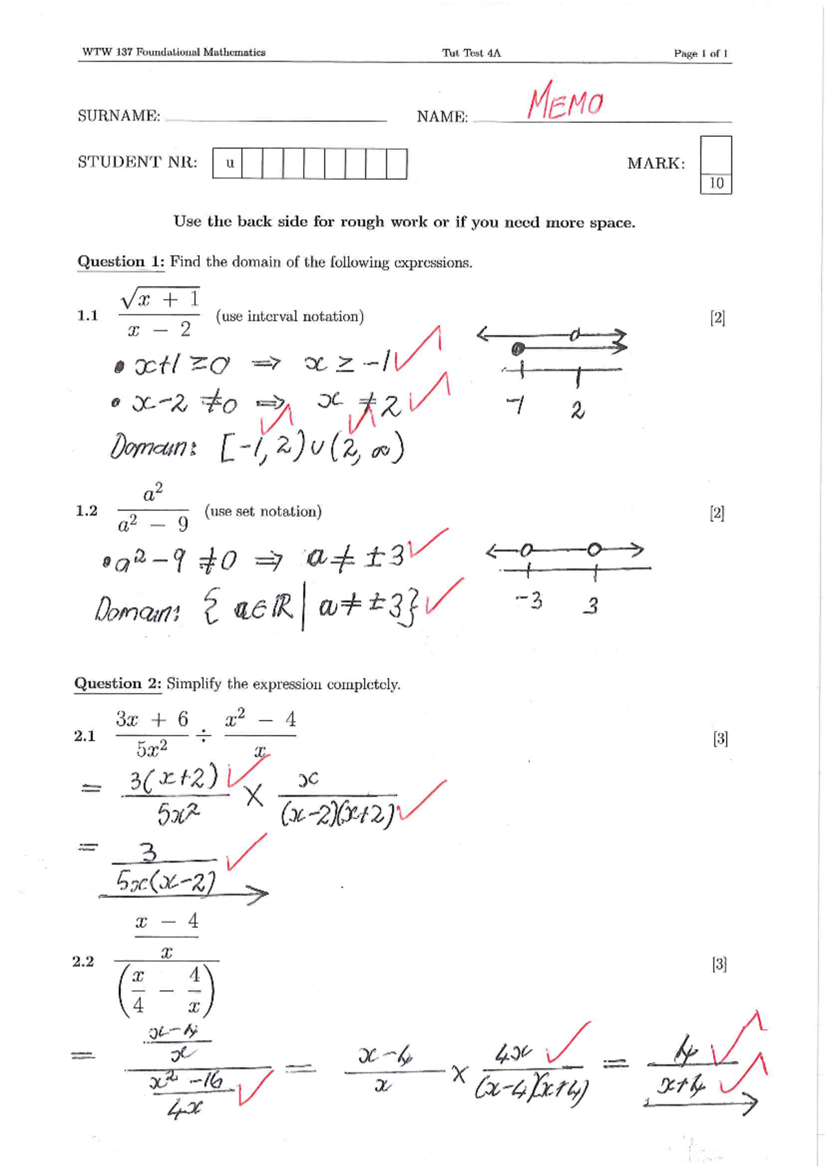 WTW 137 Foundational Mathematics Tut Test 4A & 4B Memo - Studocu