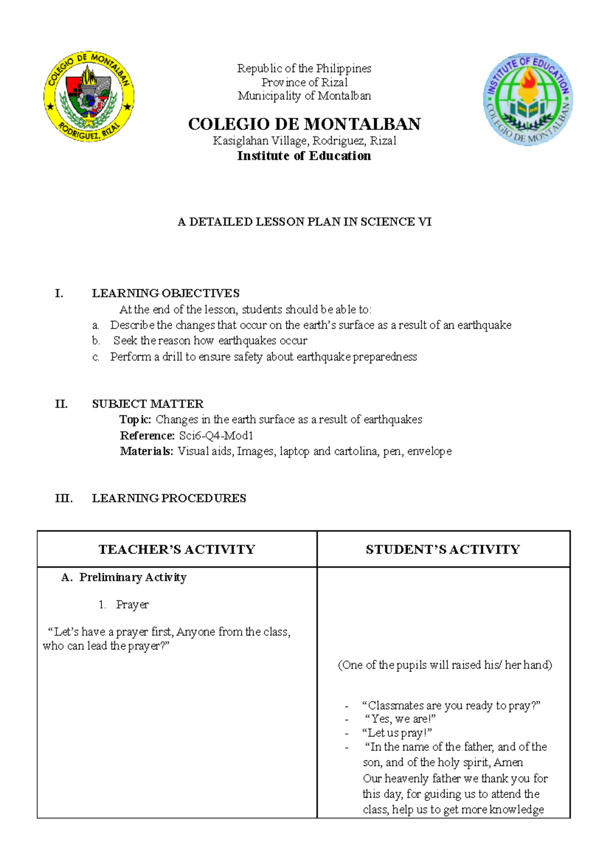 Detailed Lesson Plan in Science VI: Earthquake Preparedness and Effects ...