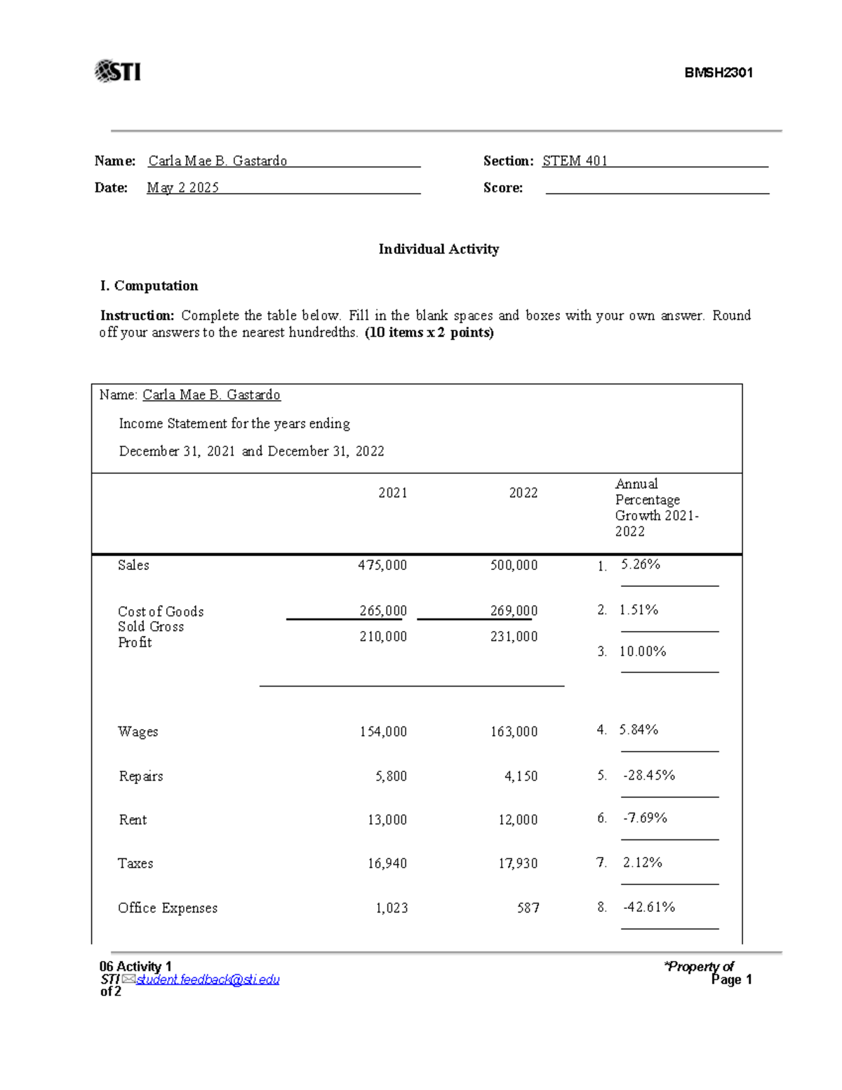BMSH2301 Individual Activity I: Income Statement Analysis and Ratios ...