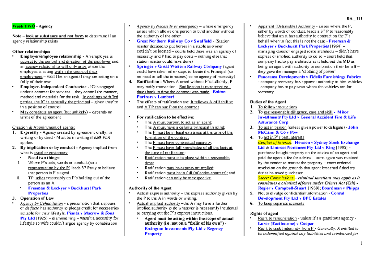 BA - Week 2 Agency Notes: Understanding Agency Relationships - Studocu