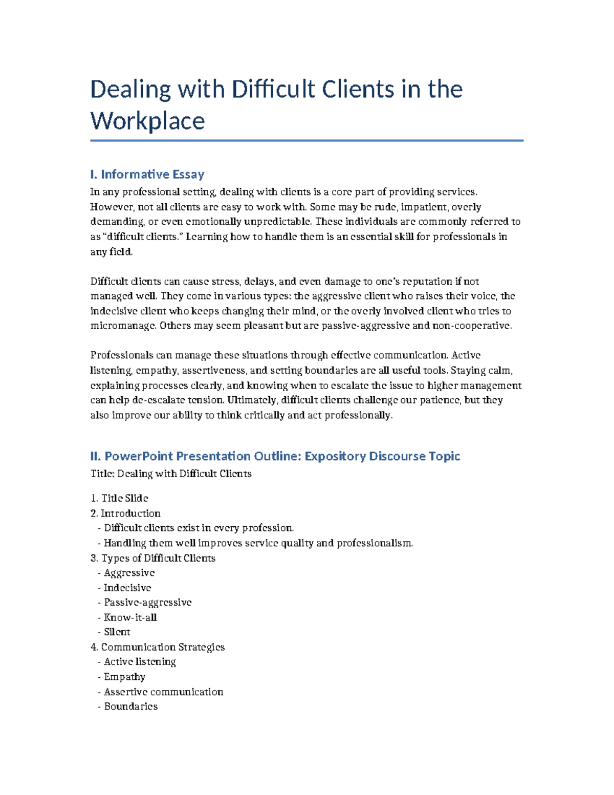 Dealing with Difficult Clients in the Workplace: Informative Essay ...