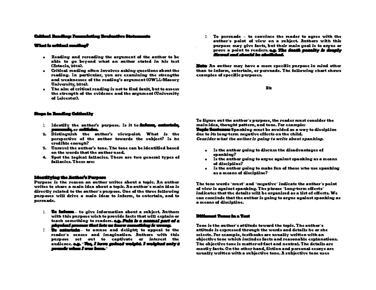 A Guide to Critical Reading - Critical Reading: Formulating Evaluative ...