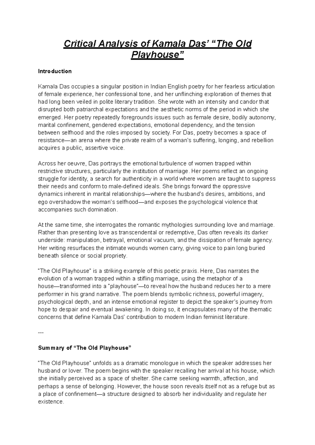Critical Analysis of Kamala Das's Poem "Old" - End Sem - Studocu