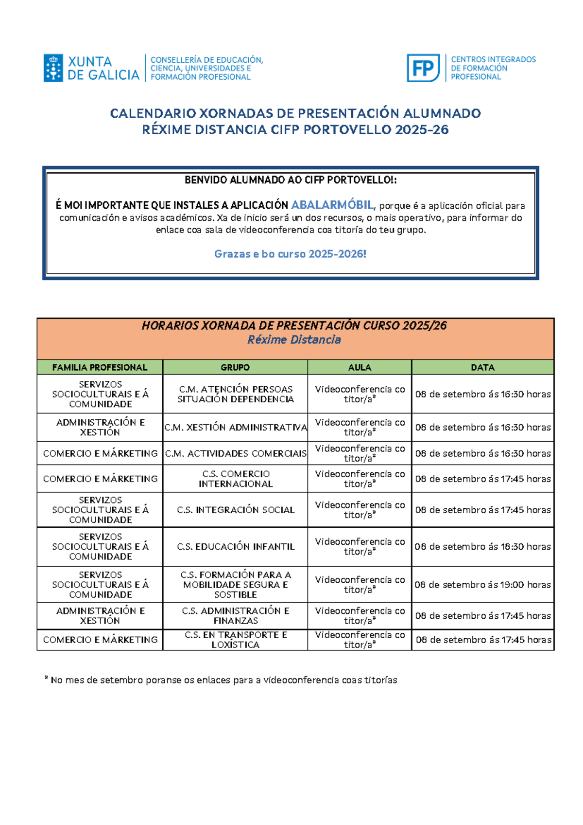 CALENDARIO DE PRESENTACIÓN ALUMNADO CIFP PORTOVELLO 2025-26 - Studocu