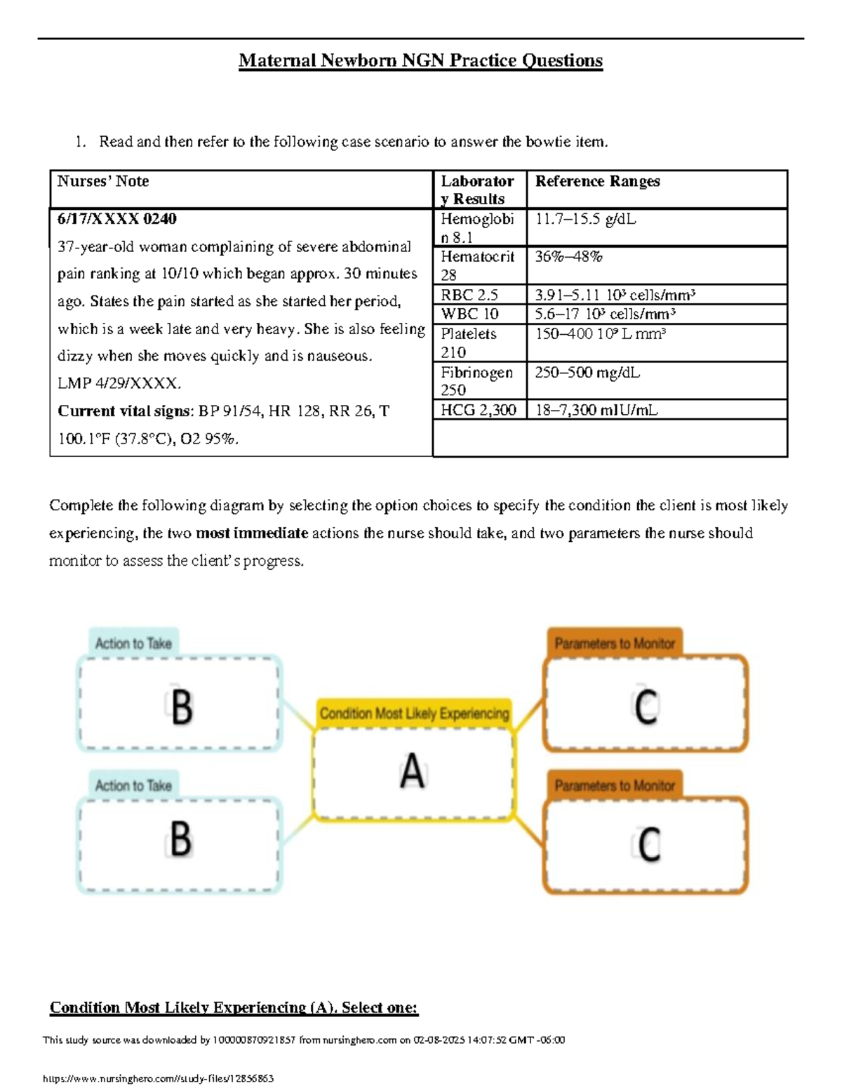 Maternal Newborn NGN Practice Questions 1 - Nurses’ Note Laborator y ...