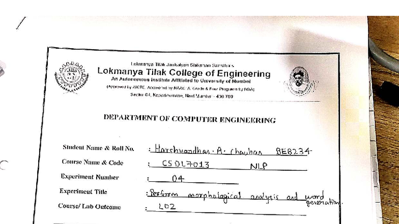 NLP Lab Experiment 4: Morphological Analysis & Word Generation CSDL7013 ...