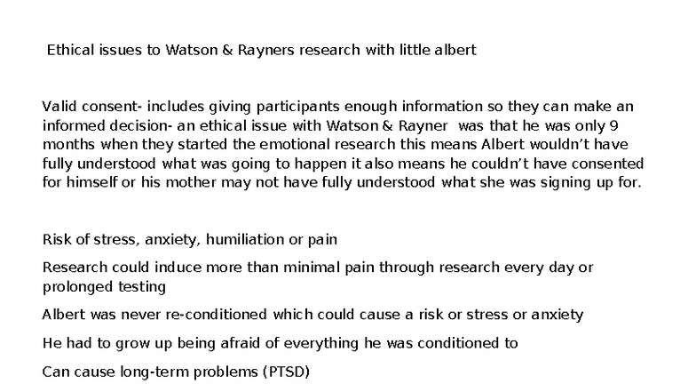 Ethical Issues in Watson & Rayner's Research - Behaviourist Study - Studocu