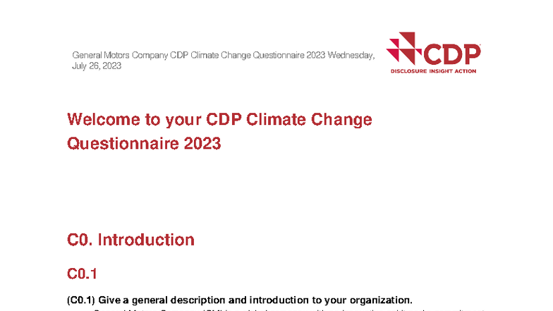 General Motors Company CDP Climate Change Questionnaire 2023 - Studocu
